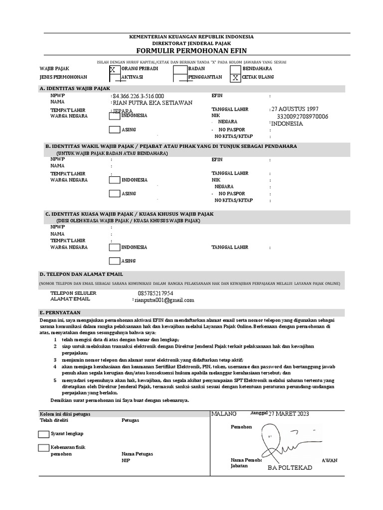 Formulir Permohonan Aktivasi EFIN | PDF
