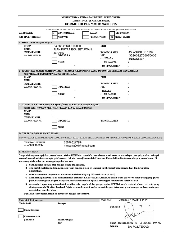Form Permohonan EFIN (PDF Isian) | PDF