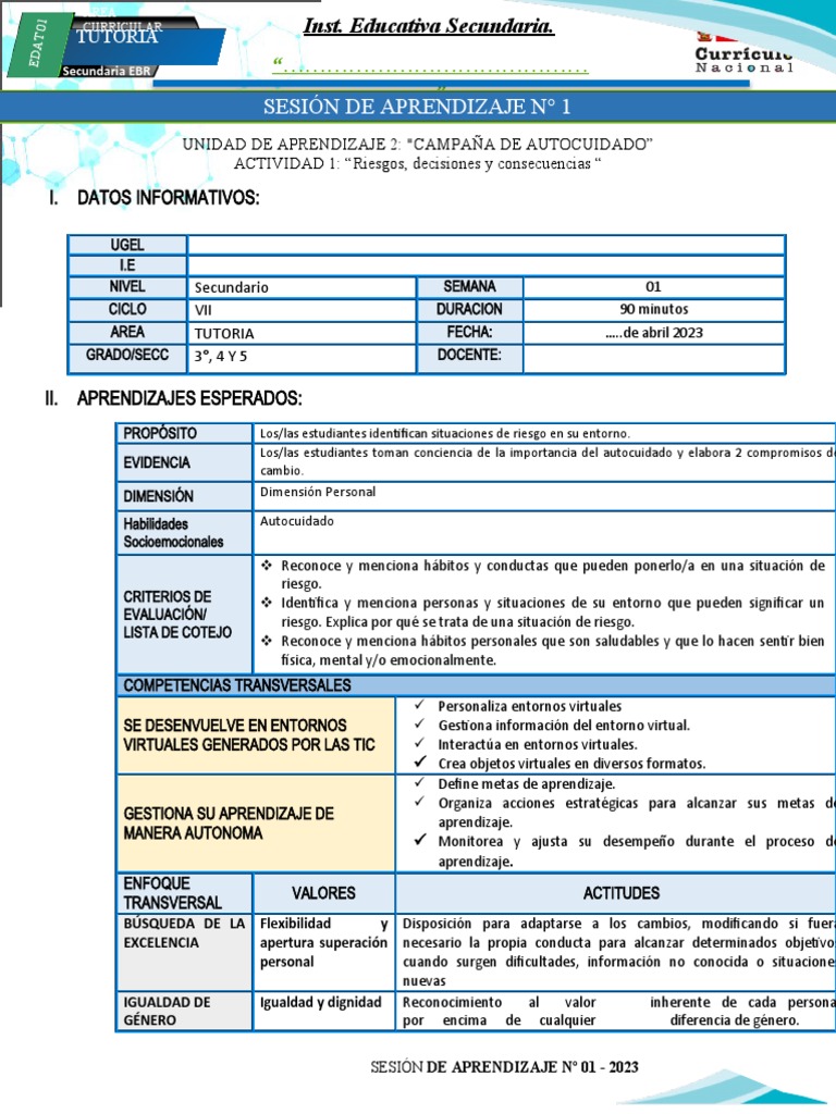4° Tutoria Ses 1 Uni 1 Sem 01 - 2023 | PDF | Aprendizaje | Evaluación