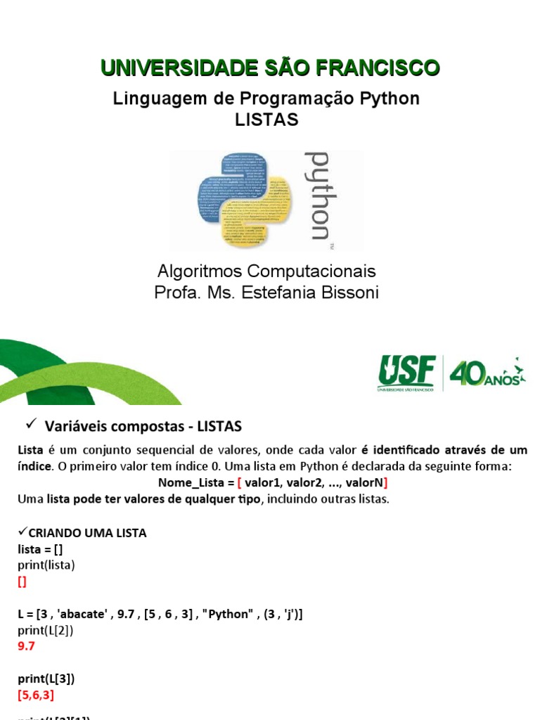 Aula 5 - Listas (Vetor) - Python | PDF | Python (linguagem de ...