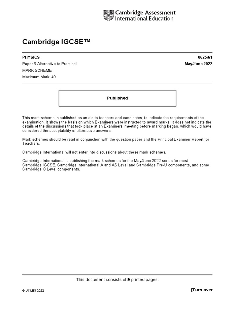 Cambridge IGCSE™: Physics 0625/61 May/June 2022 | PDF