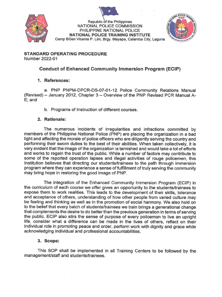 SOP Number 2022-01 Conduct of Enhanced Immersion Program (ECIP) | PDF