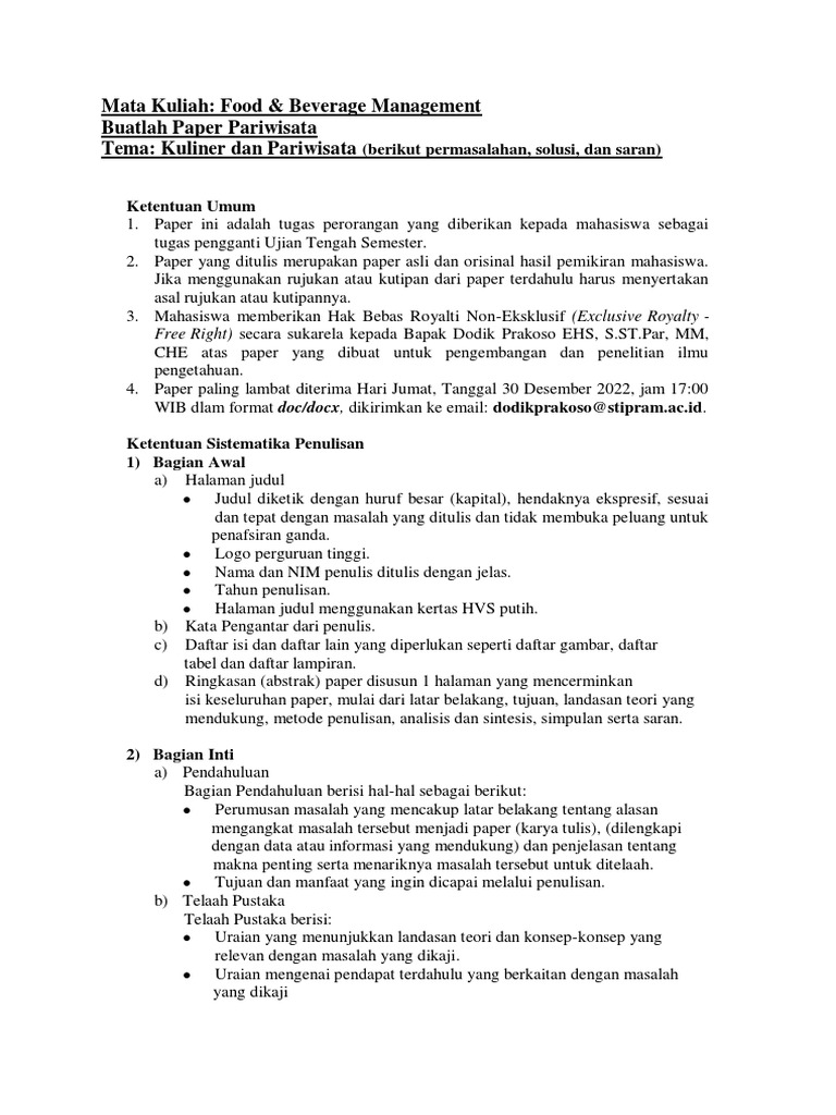 Pedoman Penulisan Paper F&B Management Stipram | PDF