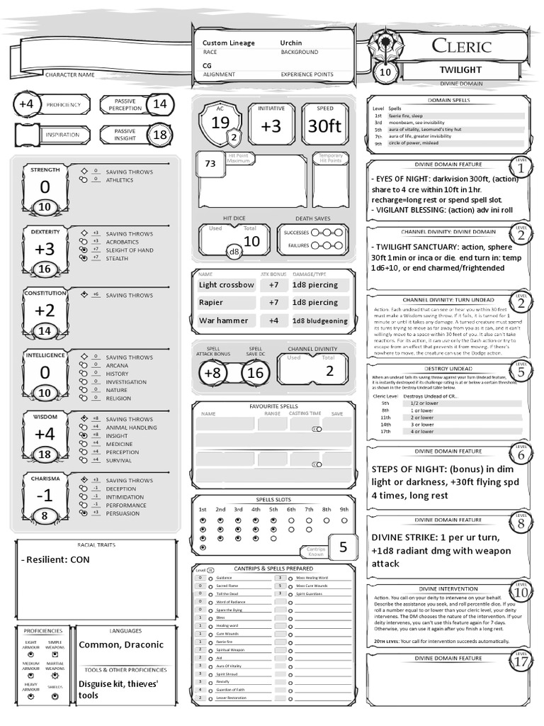 Class Character Sheet Cleric V12 Fillable | PDF