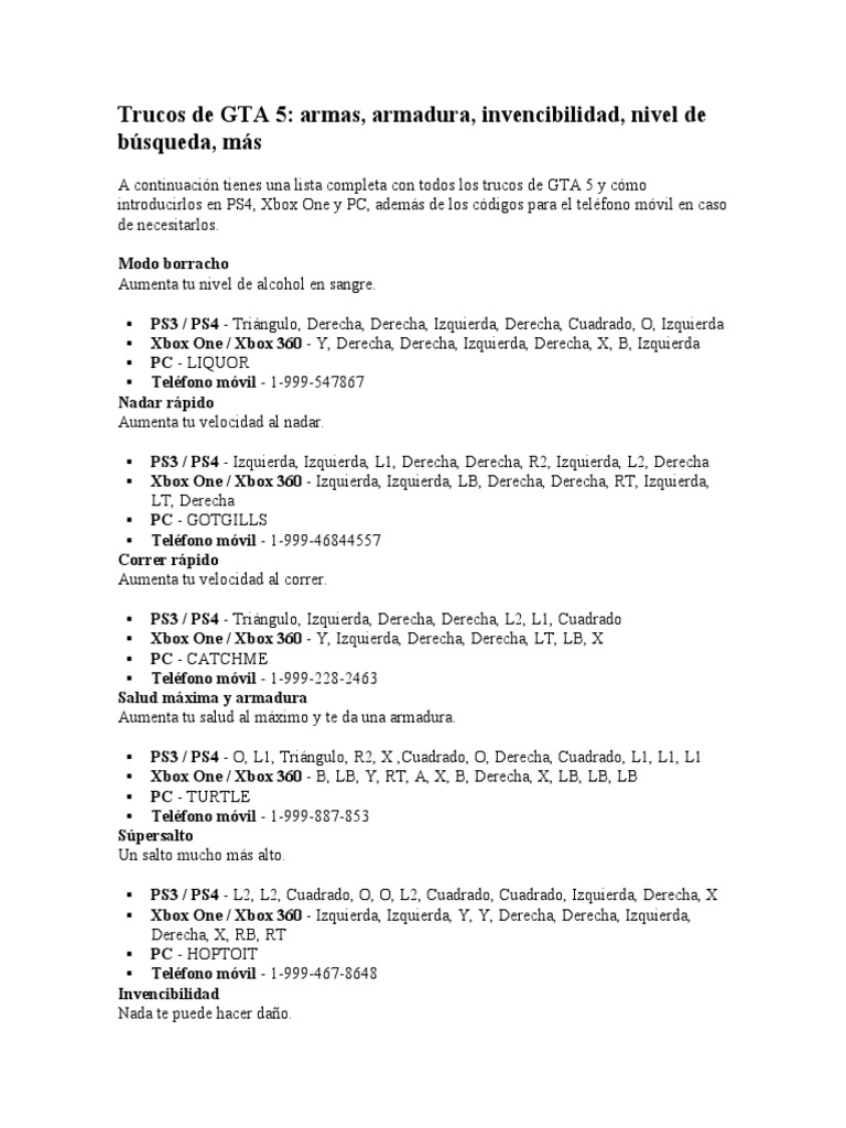 Trucos de GTA 5 | PDF | Xbox | Juegos de consolas