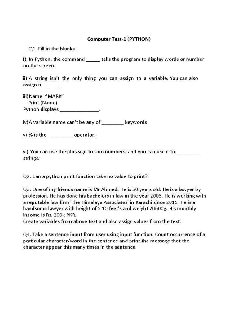 Computer Test-1 Python | PDF Computer Test-1 Python | PDF