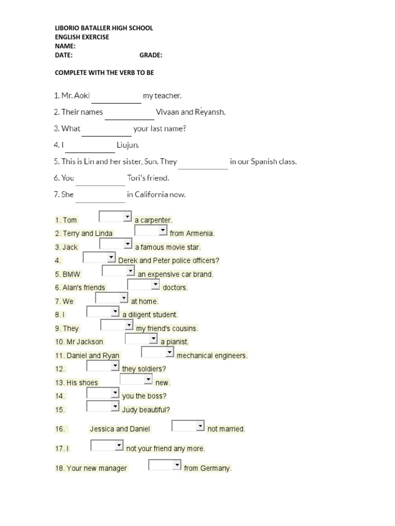 Complete With The Verb To Be Yes 11º | PDF