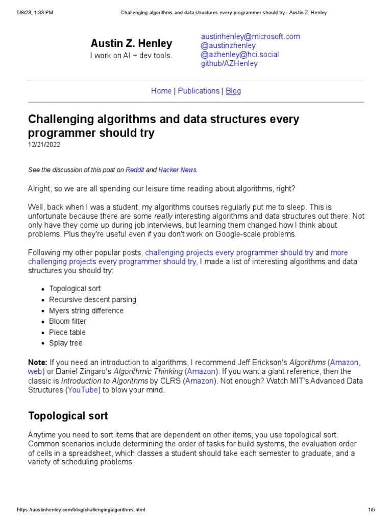 Challenging Algorithms and Data Structures Every Programmer Should Try - Austin Z. Henley | PDF