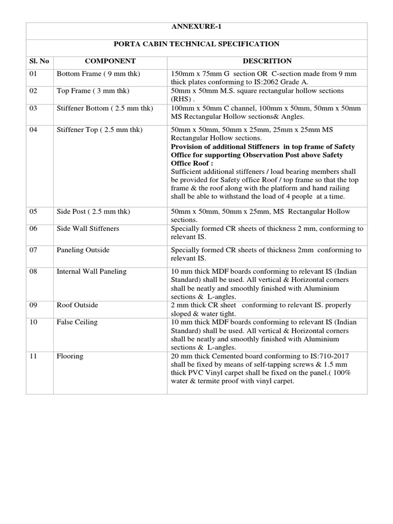 Porta Cabin Technical Specifications | PDF | Electrical Wiring | Door