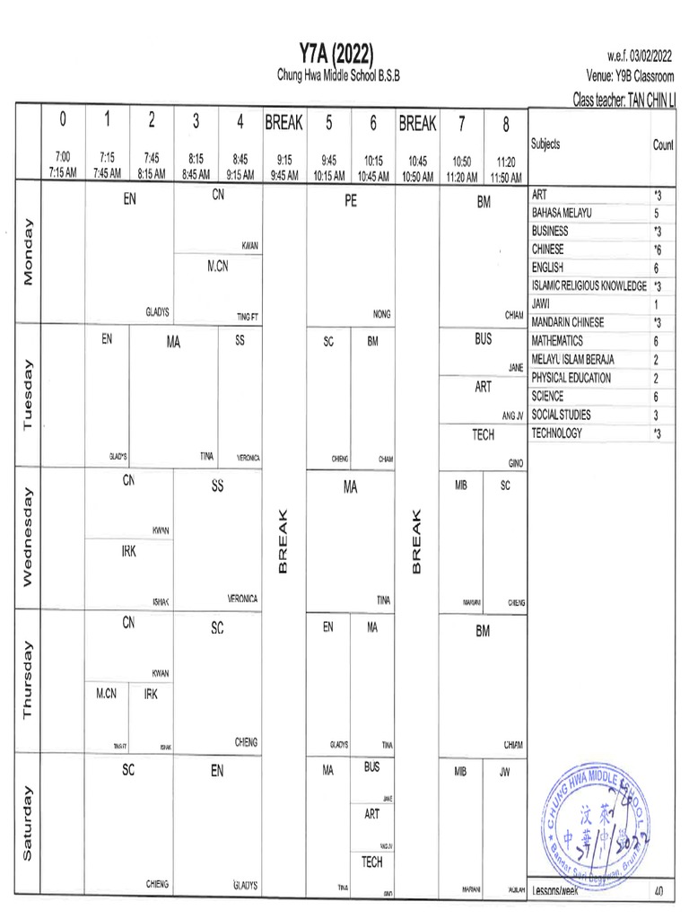 2022 Y7 Time Table Wef 0302 | PDF