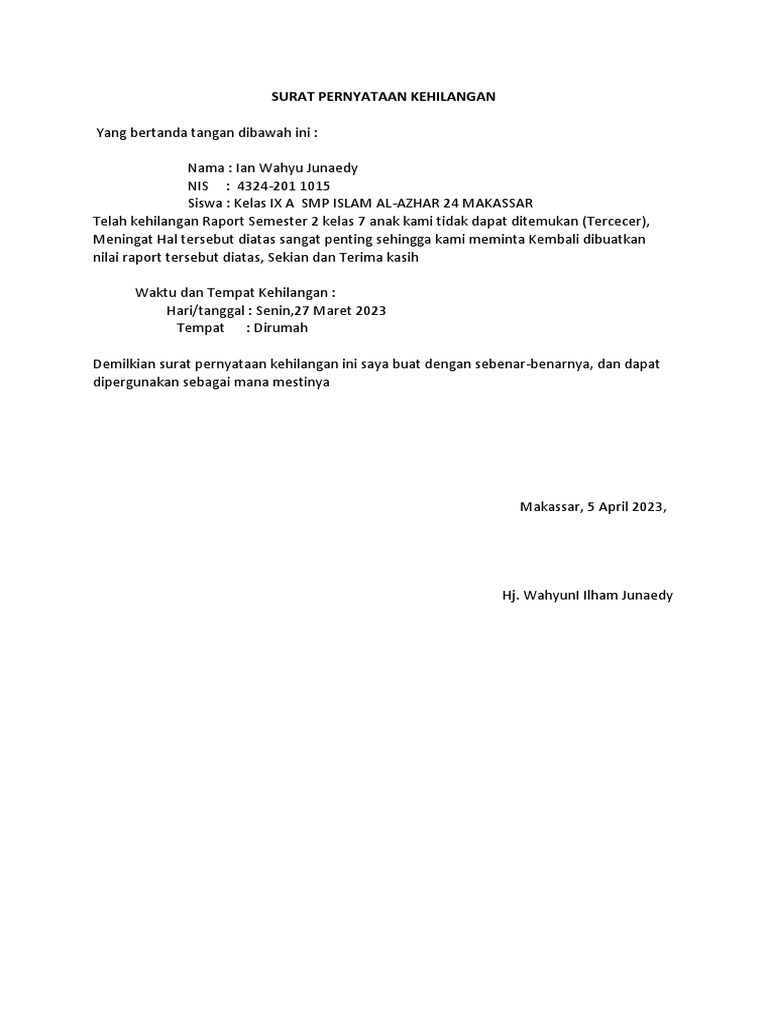 Surat Pernyataan Kehilangan | PDF