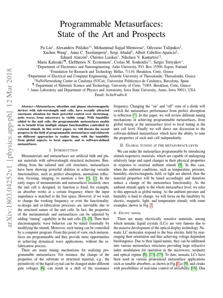 Programmable Metasurfaces: State of The Art and Prospects | PDF ...