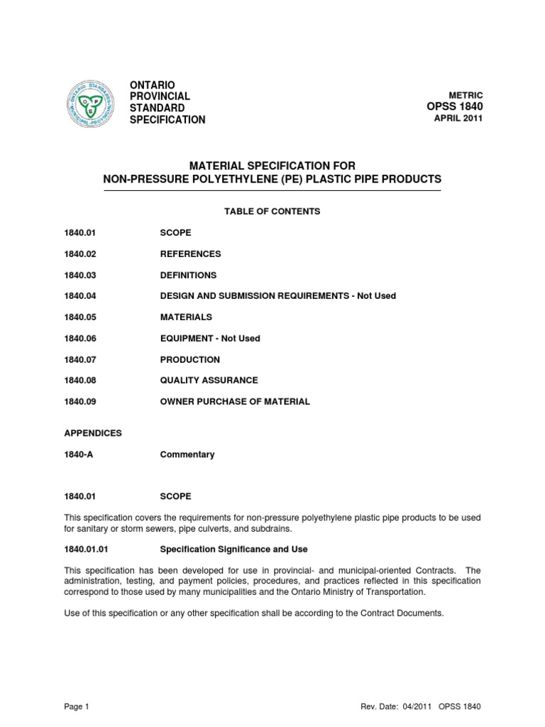 OPSS 1840 Apr11 | Download Free PDF | Pipe (Fluid Conveyance) | Plastic