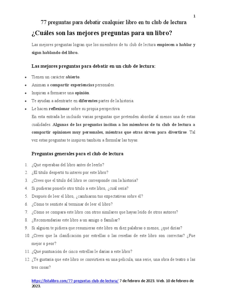 Preguntas para Un Libro Club de Lectura | PDF