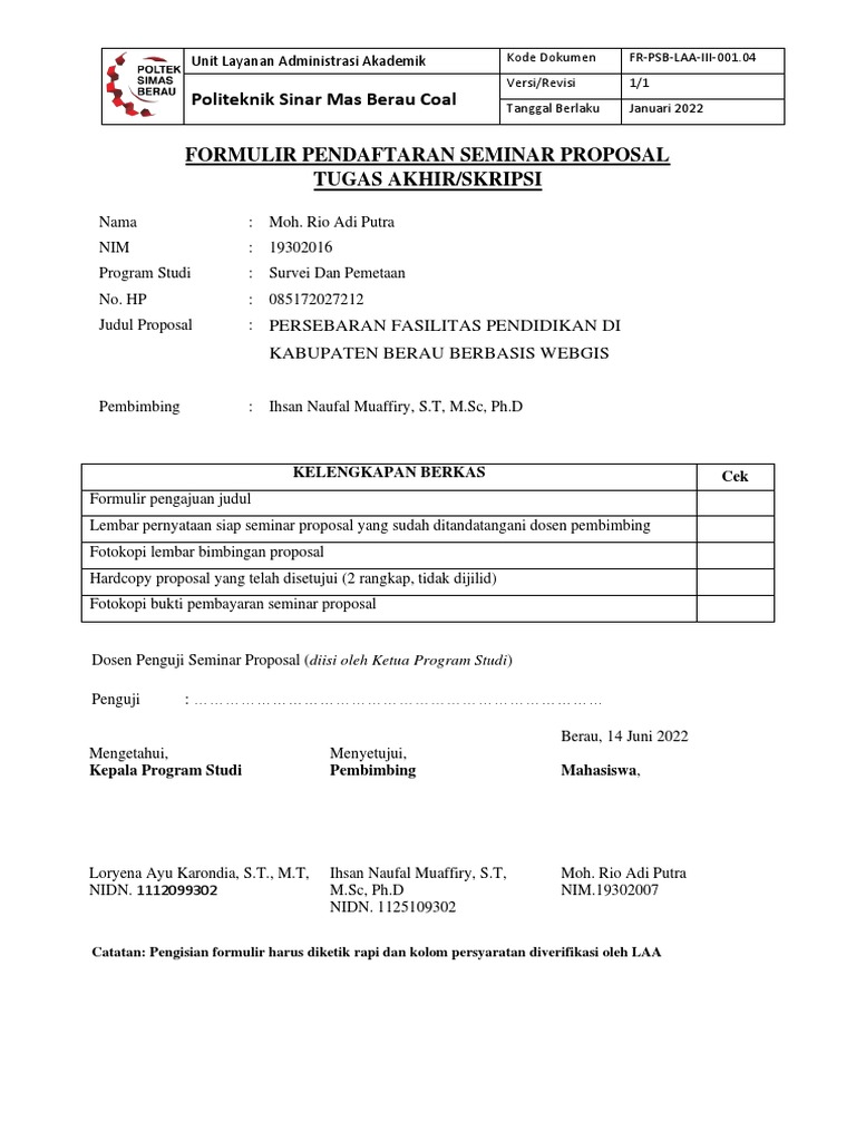 Form Pendaftaran Seminar Proposal | PDF