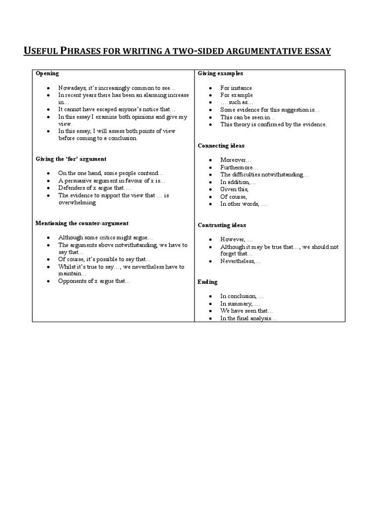 Useful Phrases For Writing A Two Sided Argumentative Essay | PDF ...