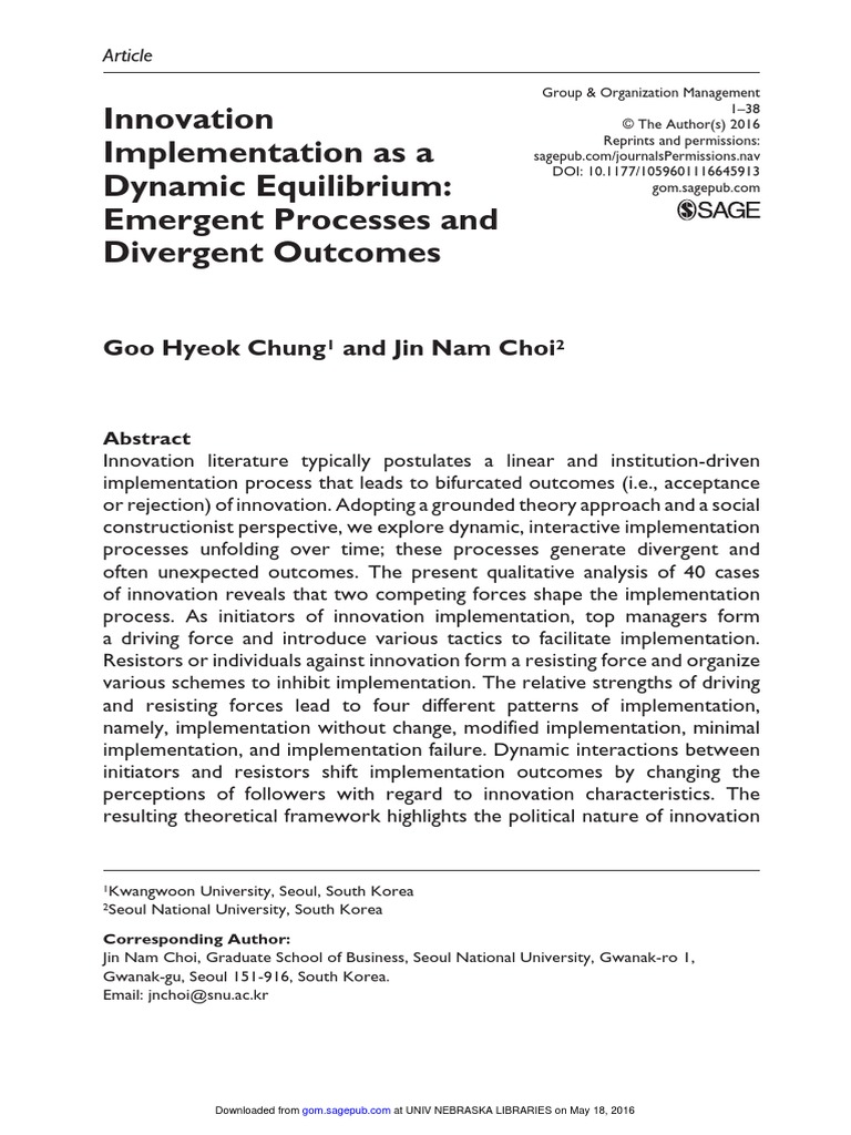 (IN) Innovation Implementation As A Dynamic Equilibrium Emergent Processes and Divergent ...