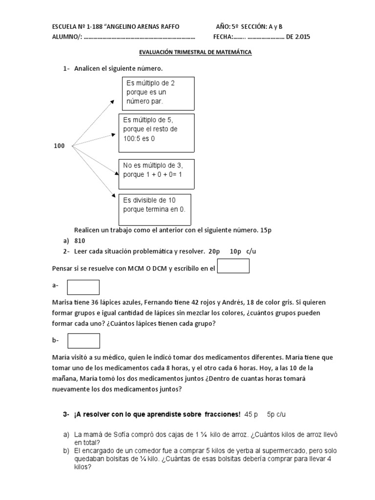 Tercer Trimestral de Matematica Quinto Grado | PDF
