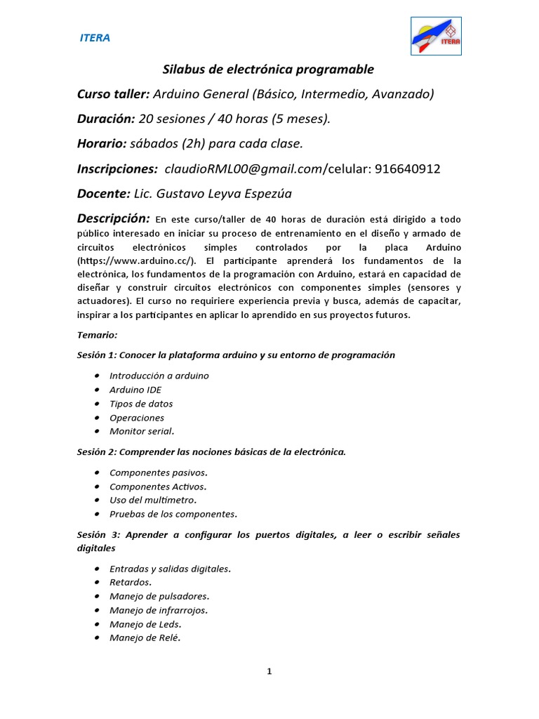 Silabo Del Curso de Arduino Basico, Intermedio, Avanzado | PDF Silabo Del Curso de Arduino Basico, Intermedio, Avanzado | PDF