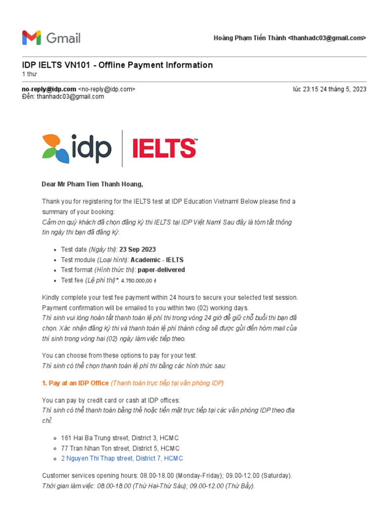 Gmail - IDP IELTS VN101 - Offline Payment Information | PDF