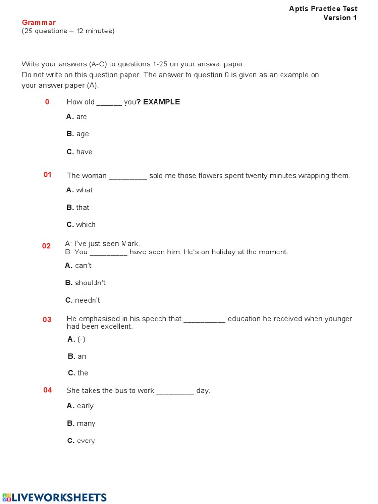 Aptis Grammar and Vocabulary Test | PDF
