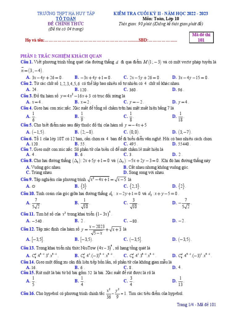 De Cuoi Ky 2 Toan 10 Nam 2022 2023 Truong THPT Ha Huy Tap Nghe An | PDF