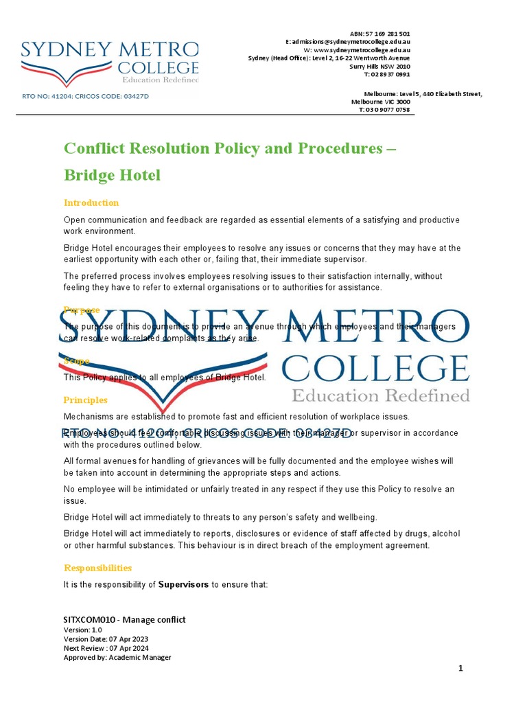 SITXCOM010 Conflict Resolution Policy and Procedures | PDF | Employment ...