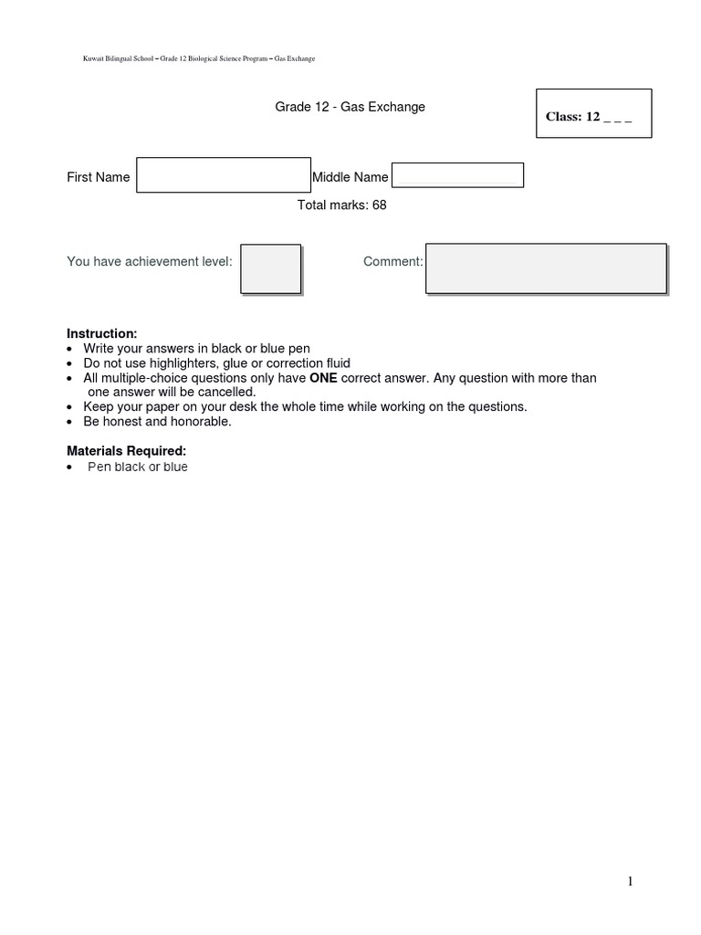 Grade 12 Gas Exchange Exam Guide | PDF | Respiratory System | Hemoglobin