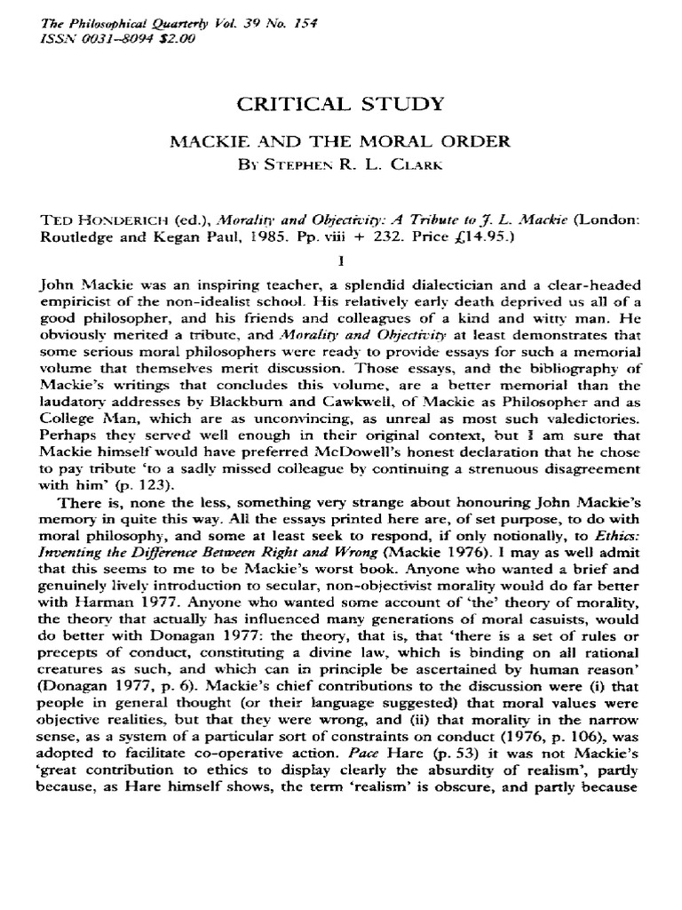 Stephen R. L. Clark - Mackie and The Moral Order | PDF