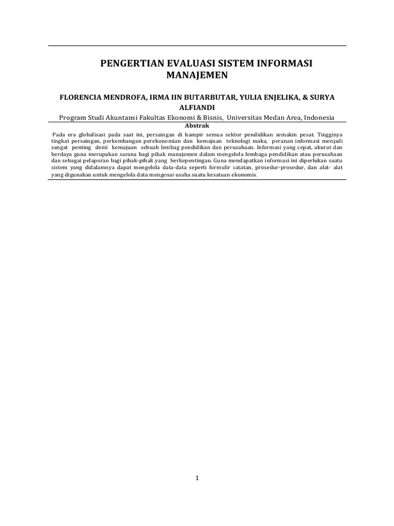 Ekonomi FLORENCIA MENDROFA, PENGERTIAN EVALUASI SISTEM INFORMASI MANAJEMEN | PDF