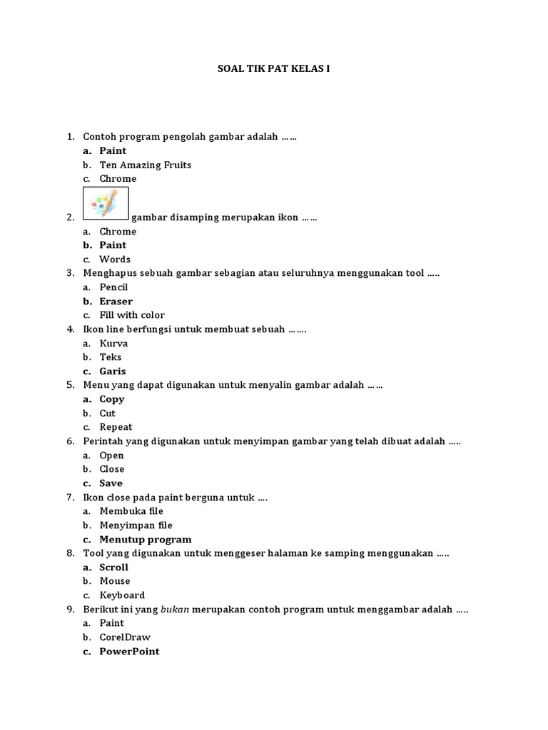 Soal TIK Kelas 1: Program Paint | PDF