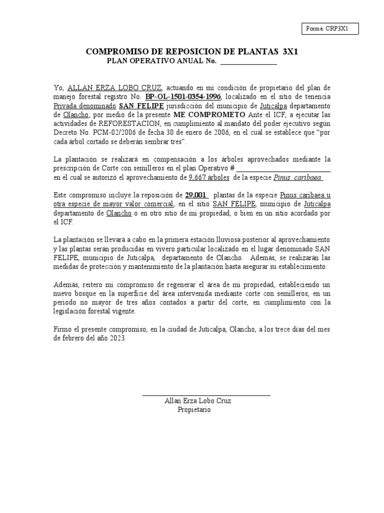 Compromiso de Reforestacion Forma CP3X1 Allan Lobo | PDF
