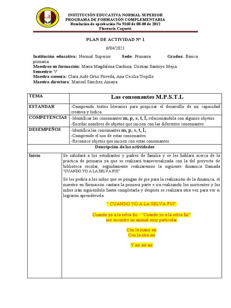 Plan de Clase: Consonantes M, P, S, T, L | PDF