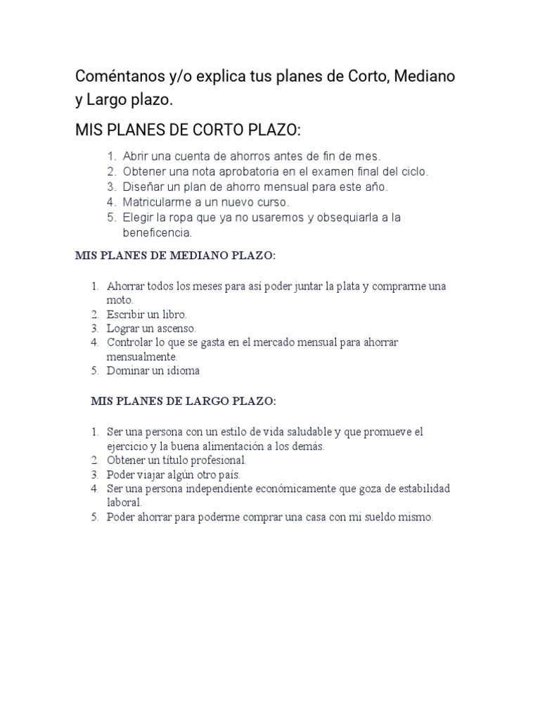 Metas Corto, Mediano y Largo Plazo | PDF
