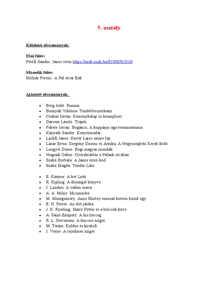 Kotelezo-Es-Ajanlott-Olvasmanyok 5 6 7 8-Irodalom | PDF