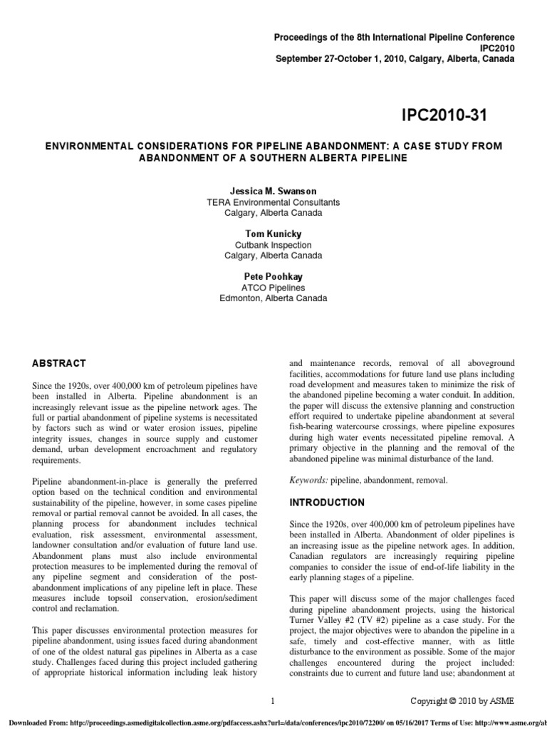 Environmental Considerations For Pipeline Abandonment - A Case Study From Abandonment of A ...