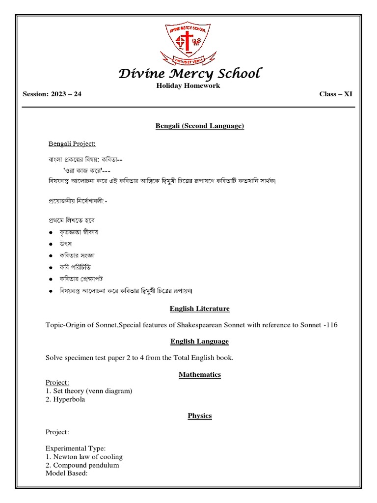 Class XI Holiday Homework - 2023-2024 | PDF | Science
