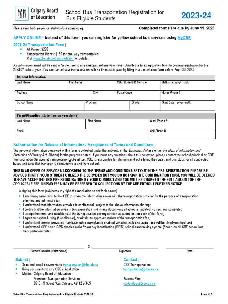 School Bus Transportation Registration For Bus Eligible Students | PDF ...