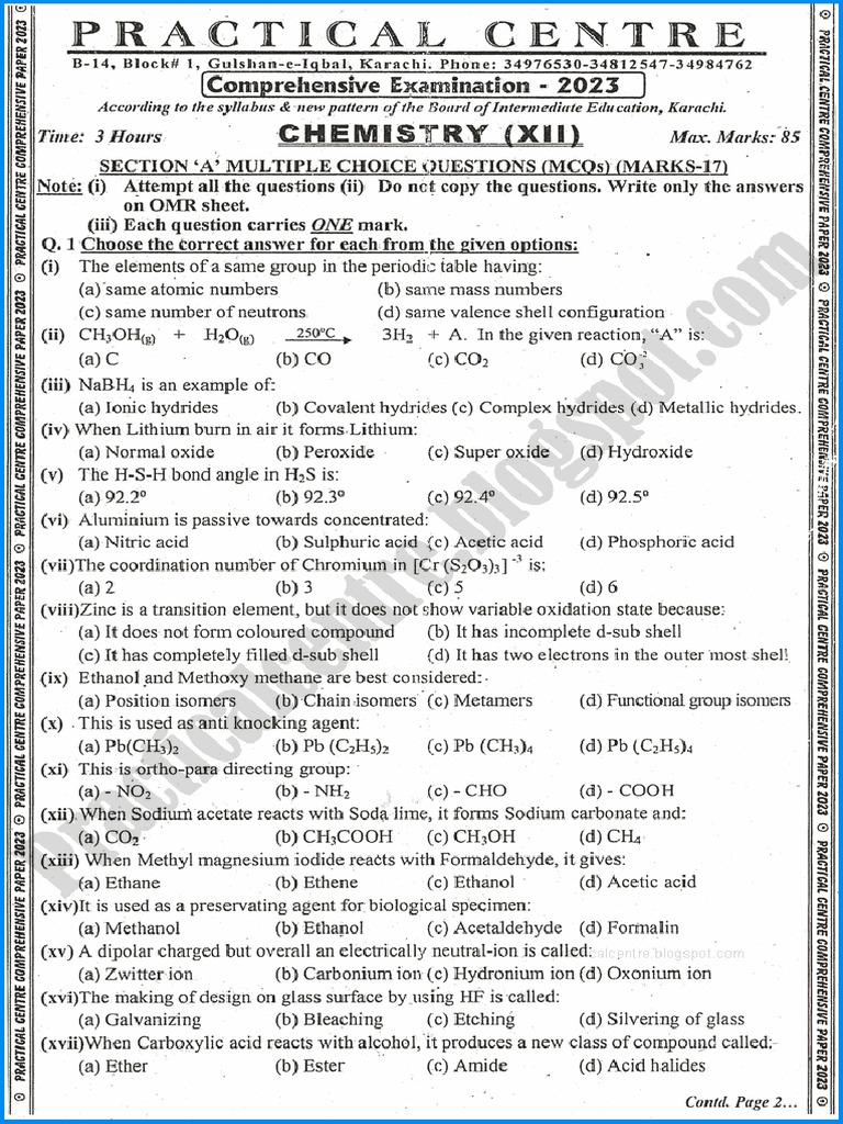 chemistry-12th-practicalcentre-guess-paper-2023-science-group | PDF
