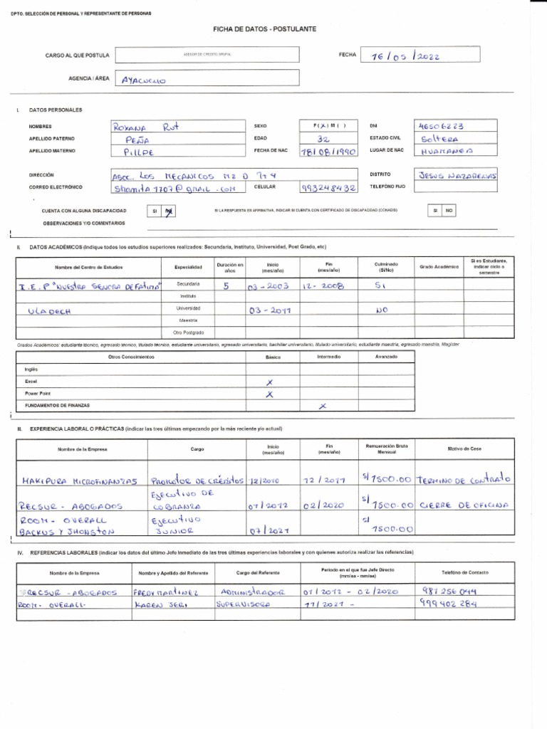 Ficha de Datos Del Postulante Roxana Rut Peña Pillpe | PDF