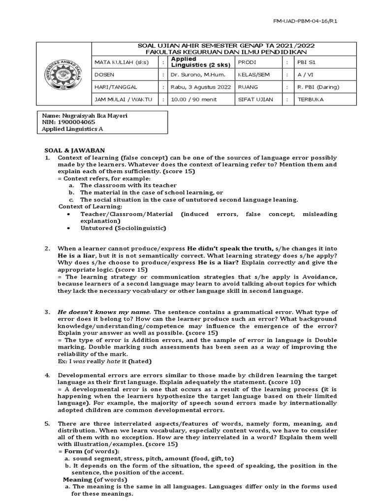 UAS Applied Linguistic | PDF | Word | English Language
