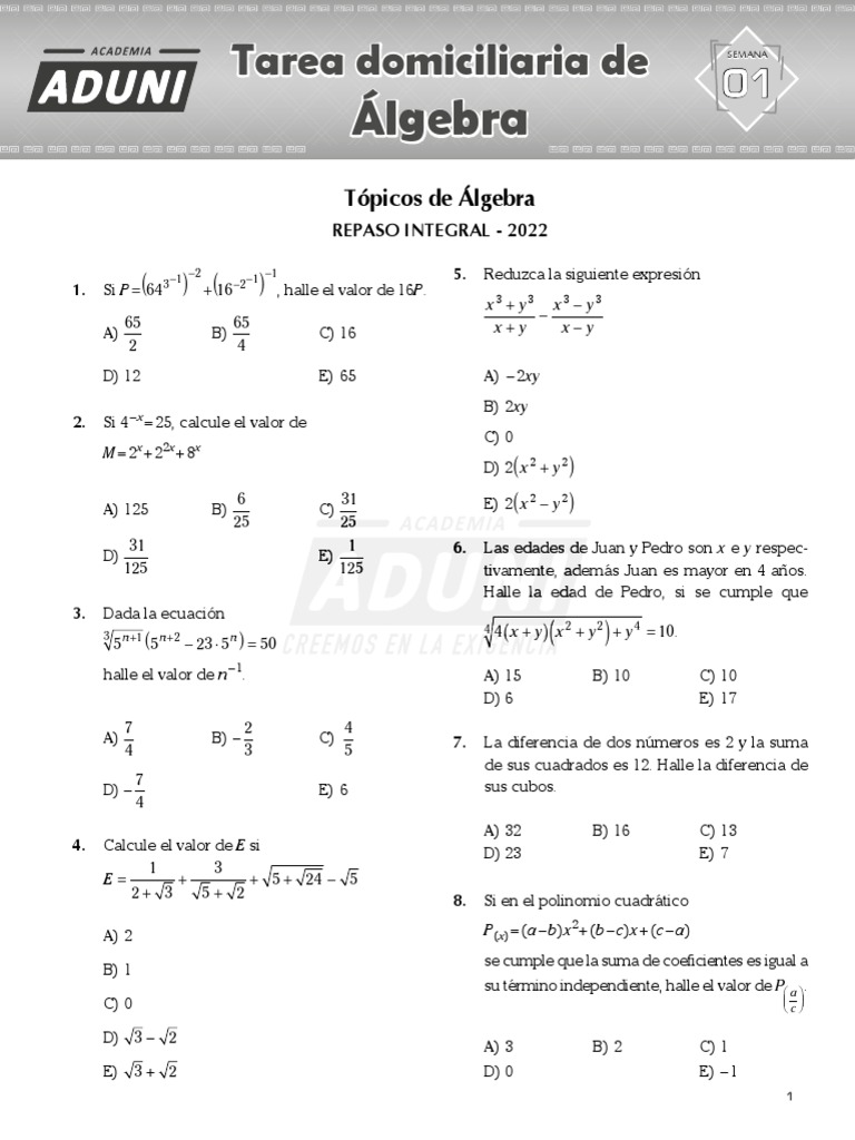 Ejercicios de Álgebra 1: Repaso Integral | PDF | Álgebra | Matemáticas