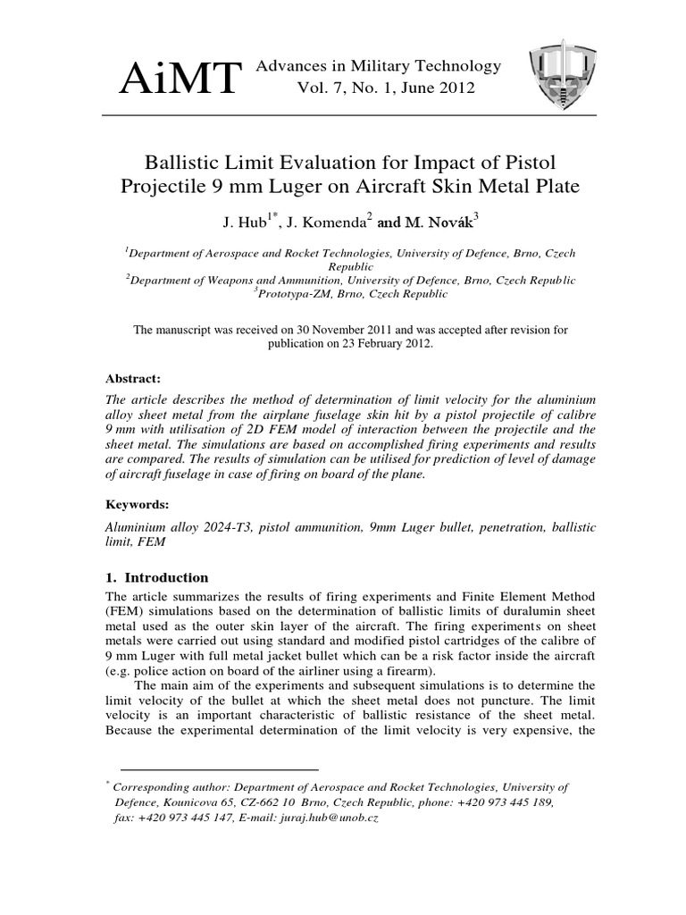9mm Luger Bullet Impact on Aircraft Skin | PDF | Bullet | Ballistics