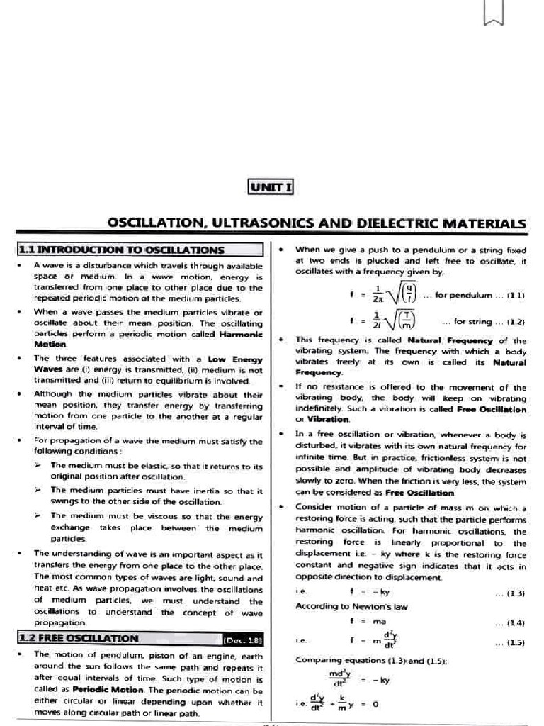 Unit 1 Oscillation, Ultrasonics and Dieletrical Material - Physic-1 | PDF | Oscillation | Resonance