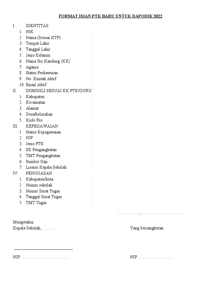 Format Isian PTK Baru Untuk Dapodik 2022 | PDF