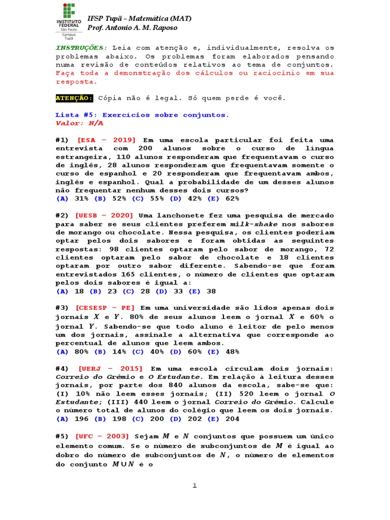 Lista #05 MAT - Exercícios Sobre Conjuntos | PDF