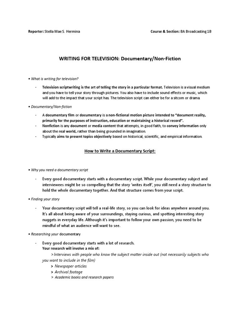 Broad1 Writing For Television Documentary Nonfiction | PDF ...