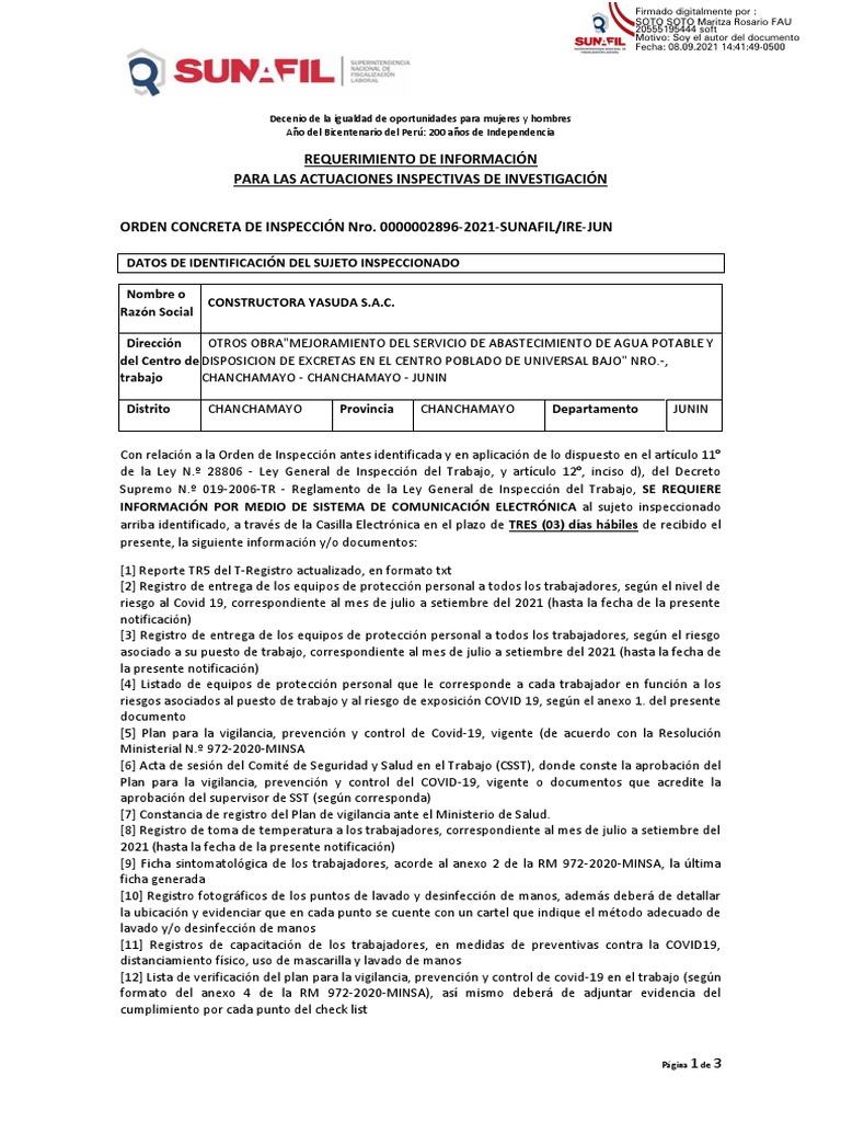 Orden de Inspeccion Sunafil | PDF