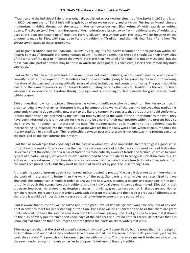 Tradition and The Individual Talent | PDF | T. S. Eliot | Poetry