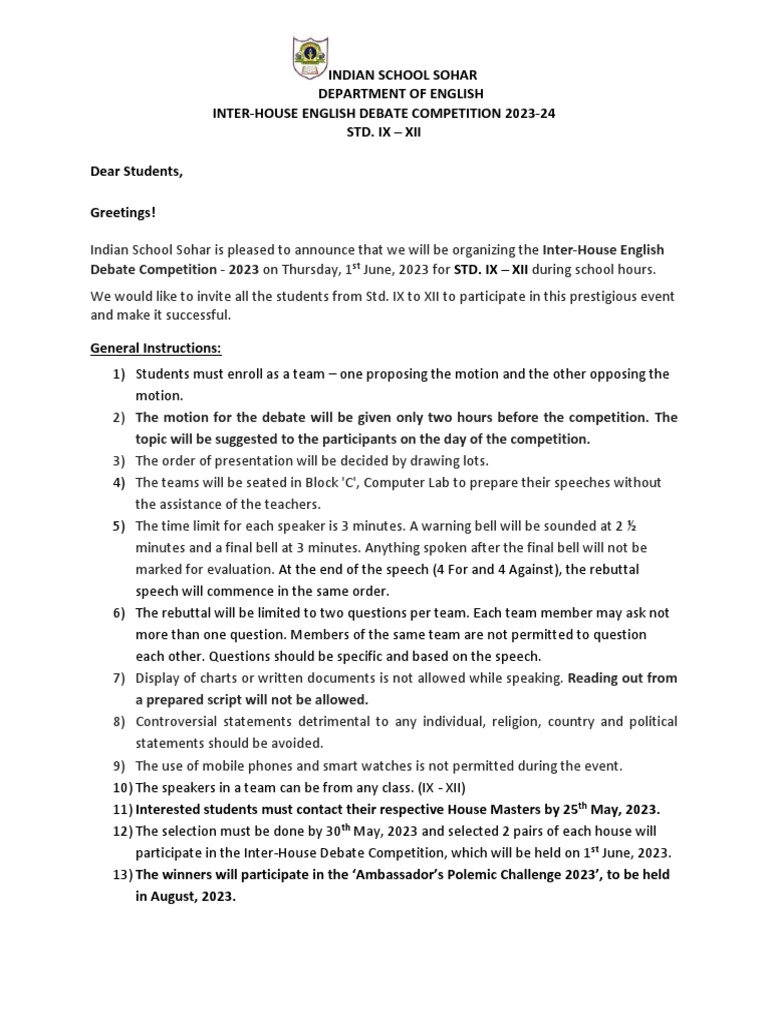 Inter-House English Debate Competition - IX - XII - 2023-24 | PDF ...